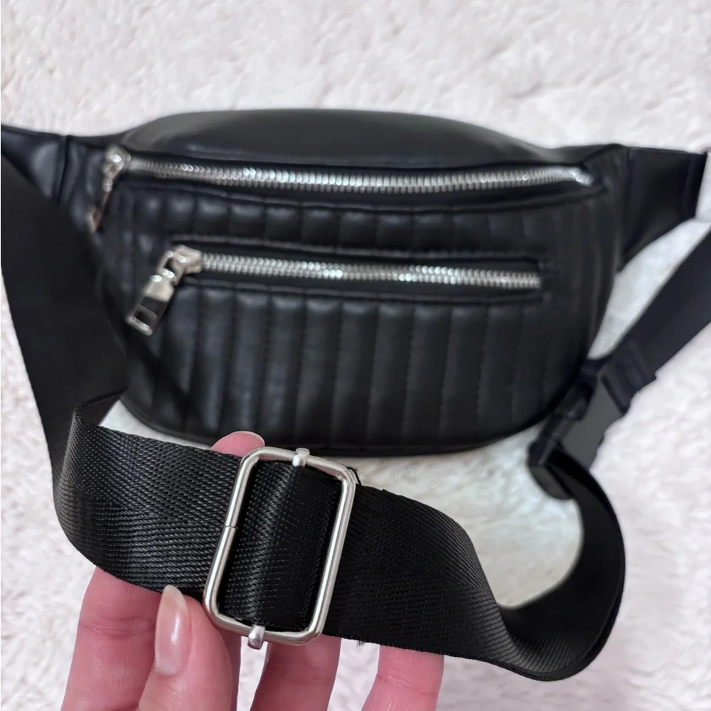 Bags | Black Quilted Belt Bag Minimal Crossbody Silver Zip Utility ...